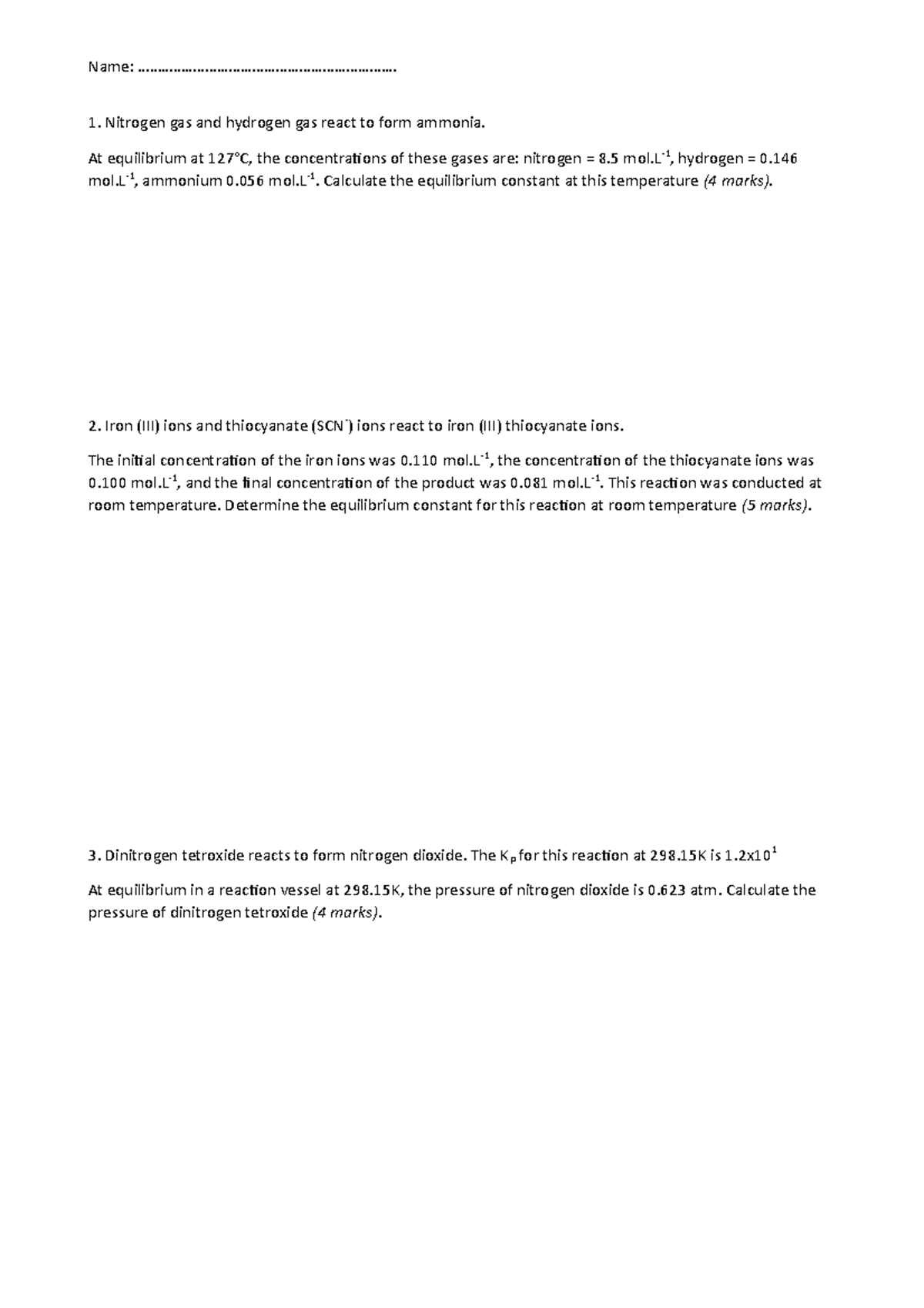 12 Chemistry chapter 3 quiz 1 - Name: - Studocu