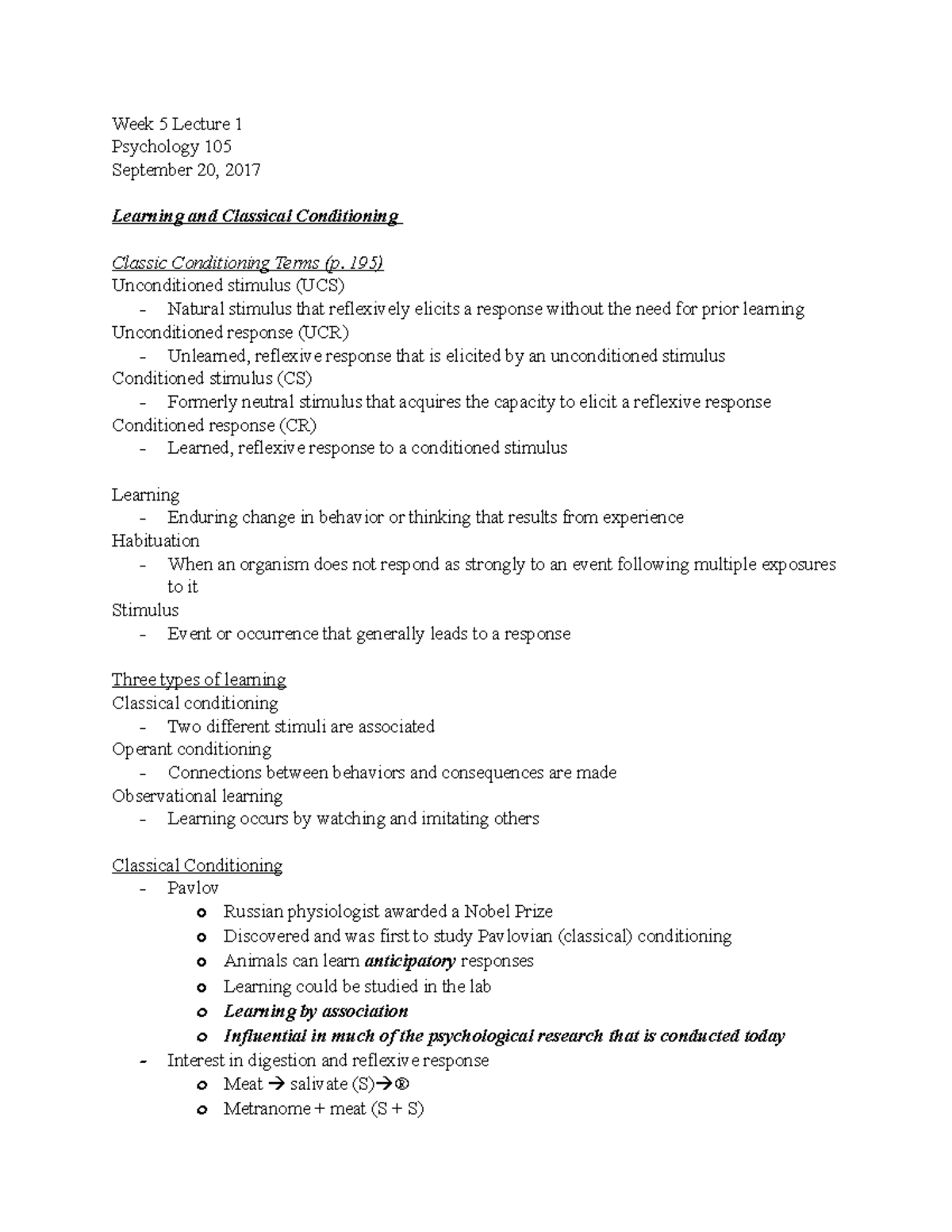 Week 5 Lecture 1 Learning and Classical Conditioning - Week 5 Lecture 1 Psychology 105 September ...