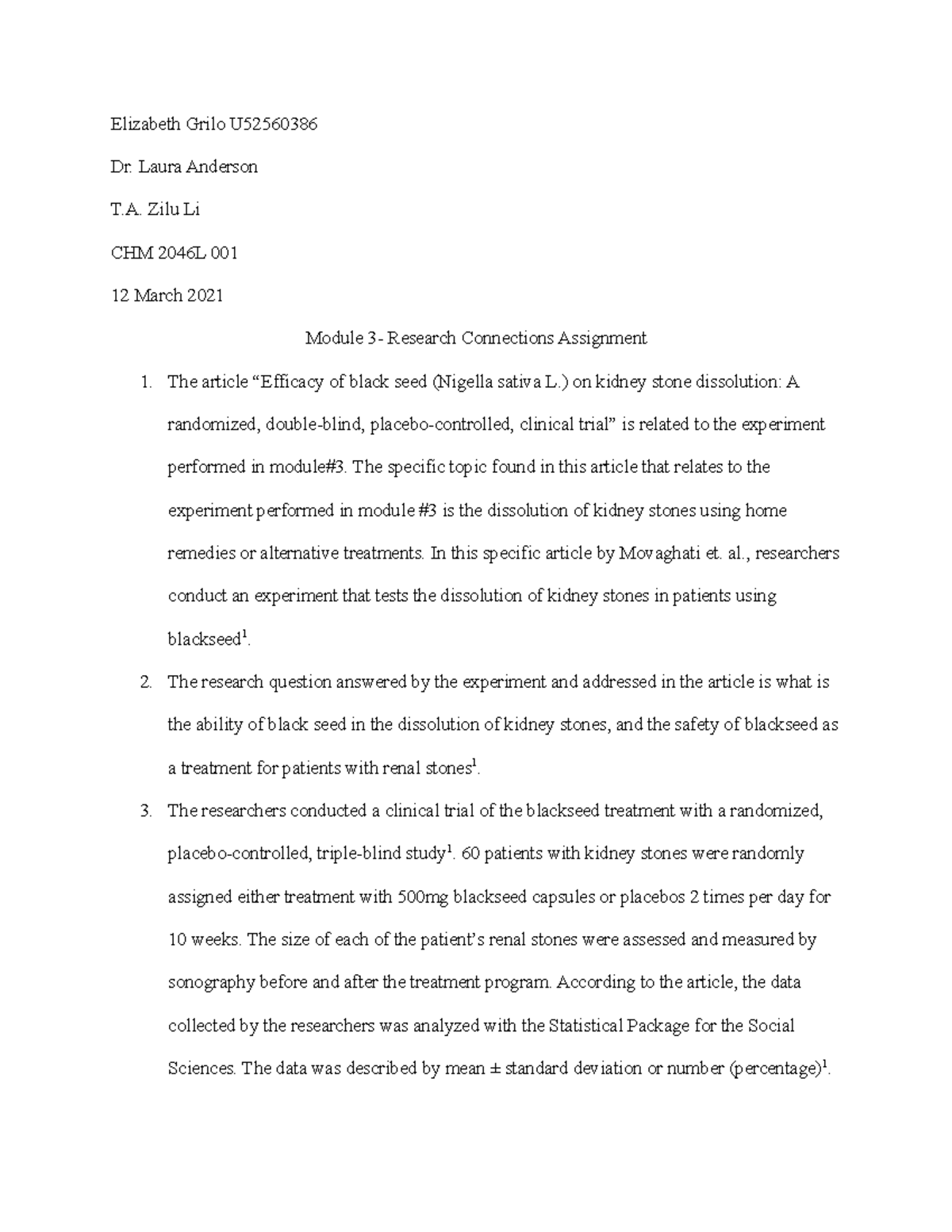 CHM L Module 3- Research Connections Assignment - Elizabeth Grilo U Dr. Laura Anderson T. Zilu ...