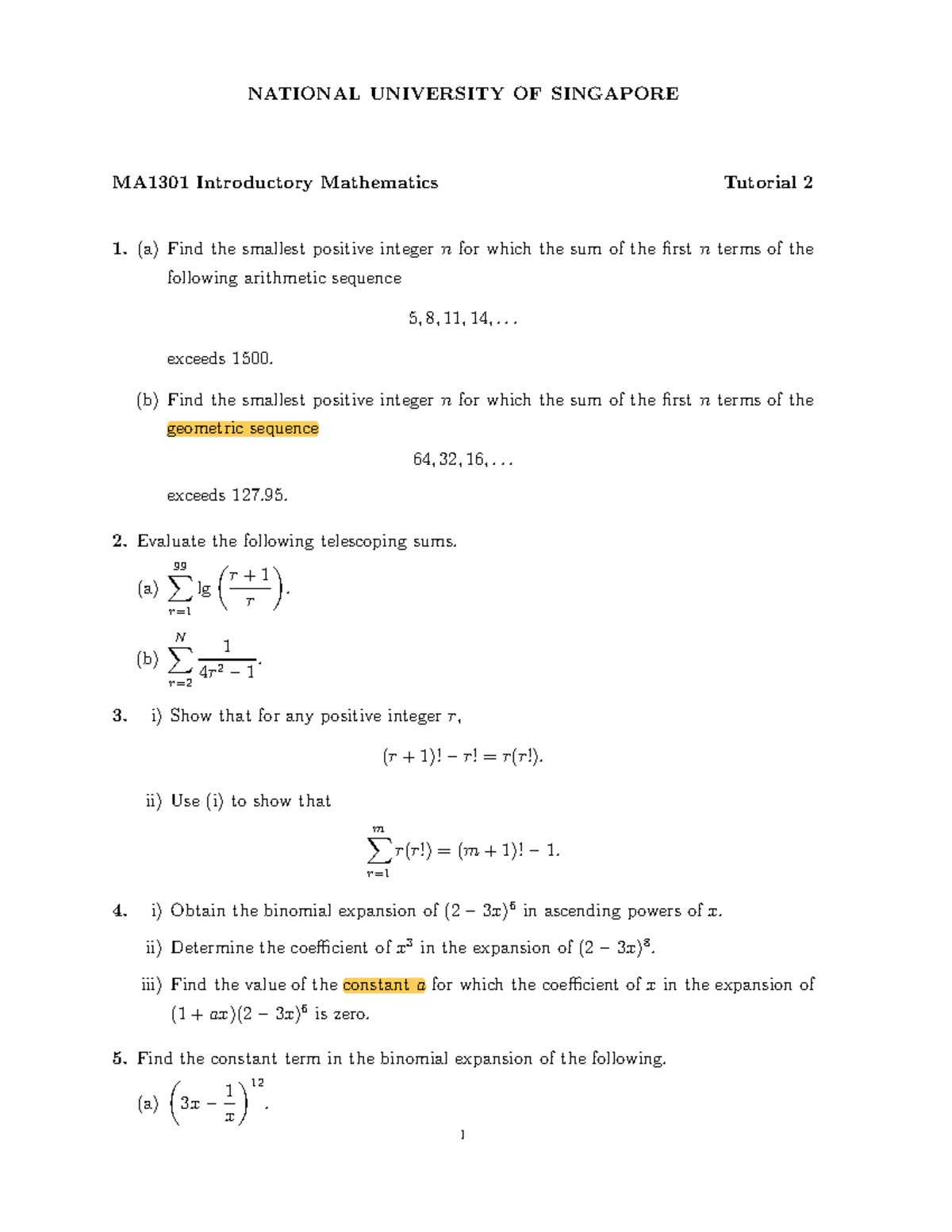 MA1301-Tutorial 2 - MA1301-Tutorial 2 - NATIONAL UNIVERSITY OF SINGAPORE MA1301 Introductory ...