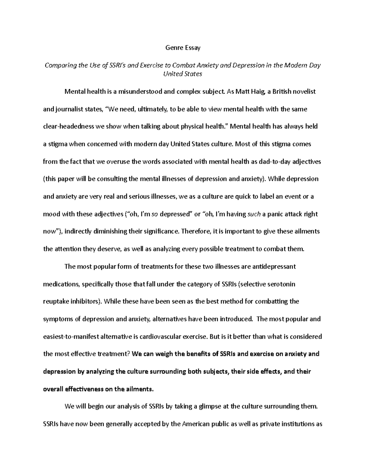 Genre Essay Example - Genre Essay Comparing the Use of SSRI’s and ...