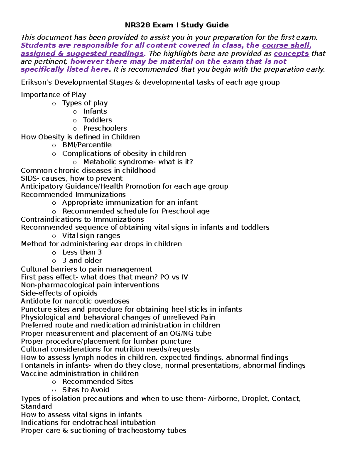 NR328 Exam Study Guide - NR328 Exam I Study Guide This document has ...