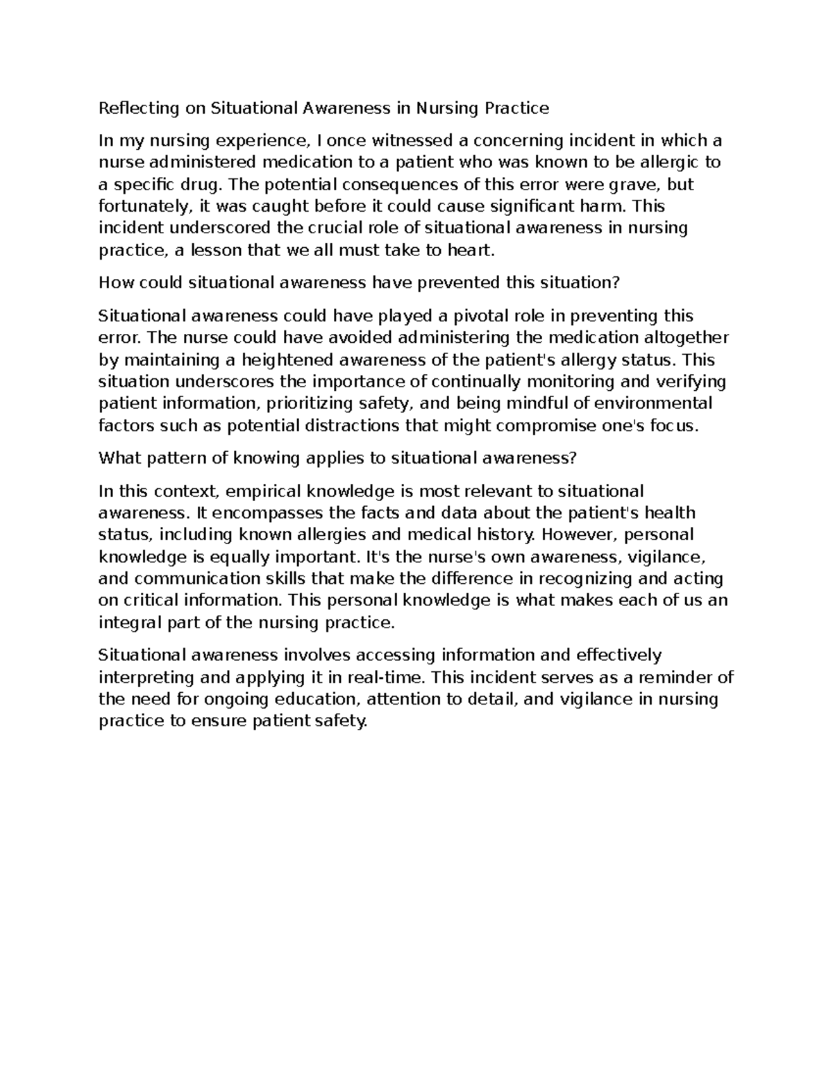 Nr520 mod 2 collab cafe - chamberlain - Reflecting on Situational Awareness in Nursing Practice ...