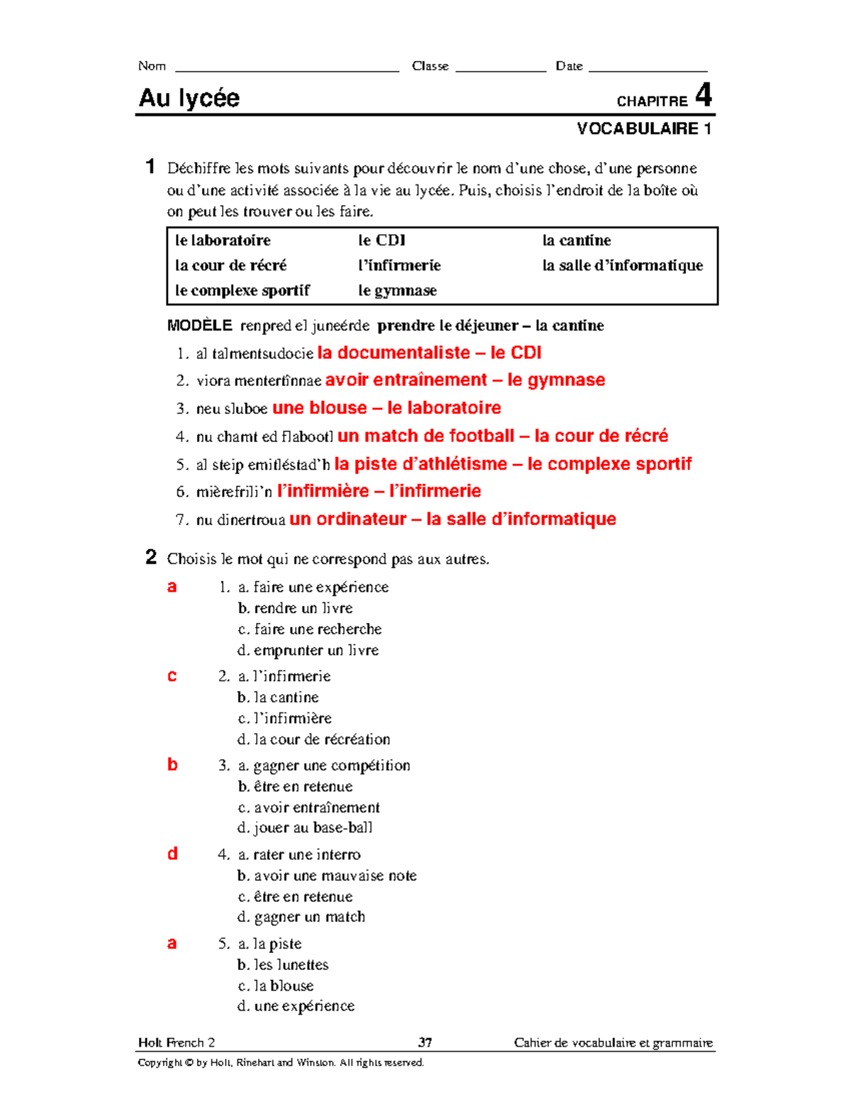 Answers - Holt French 2 37 Cahier de vocabulaire et grammaire Au lycée ...