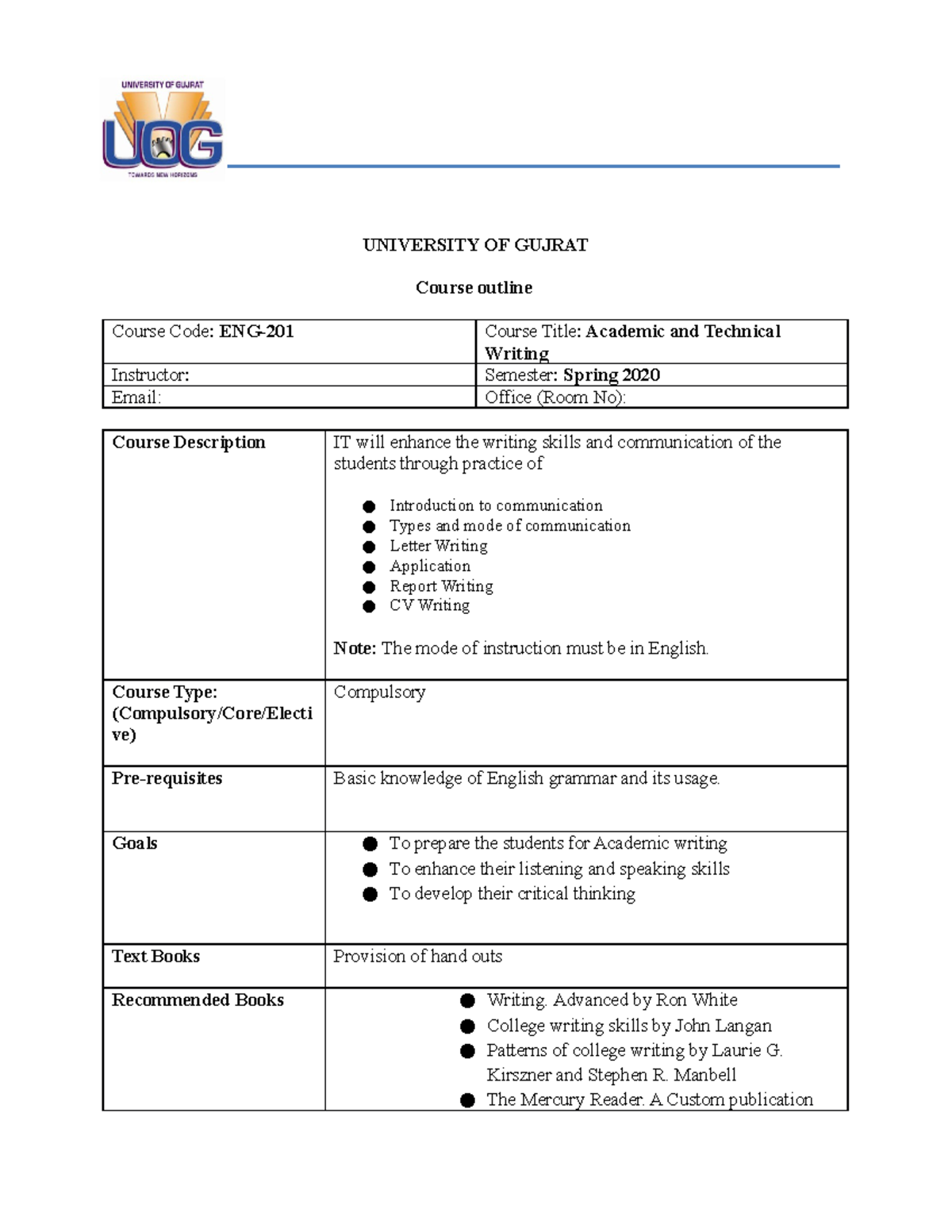 ENG 201 Academic and Technical Writing - UNIVERSITY OF GUJRAT Course outline Course Code : ENG ...