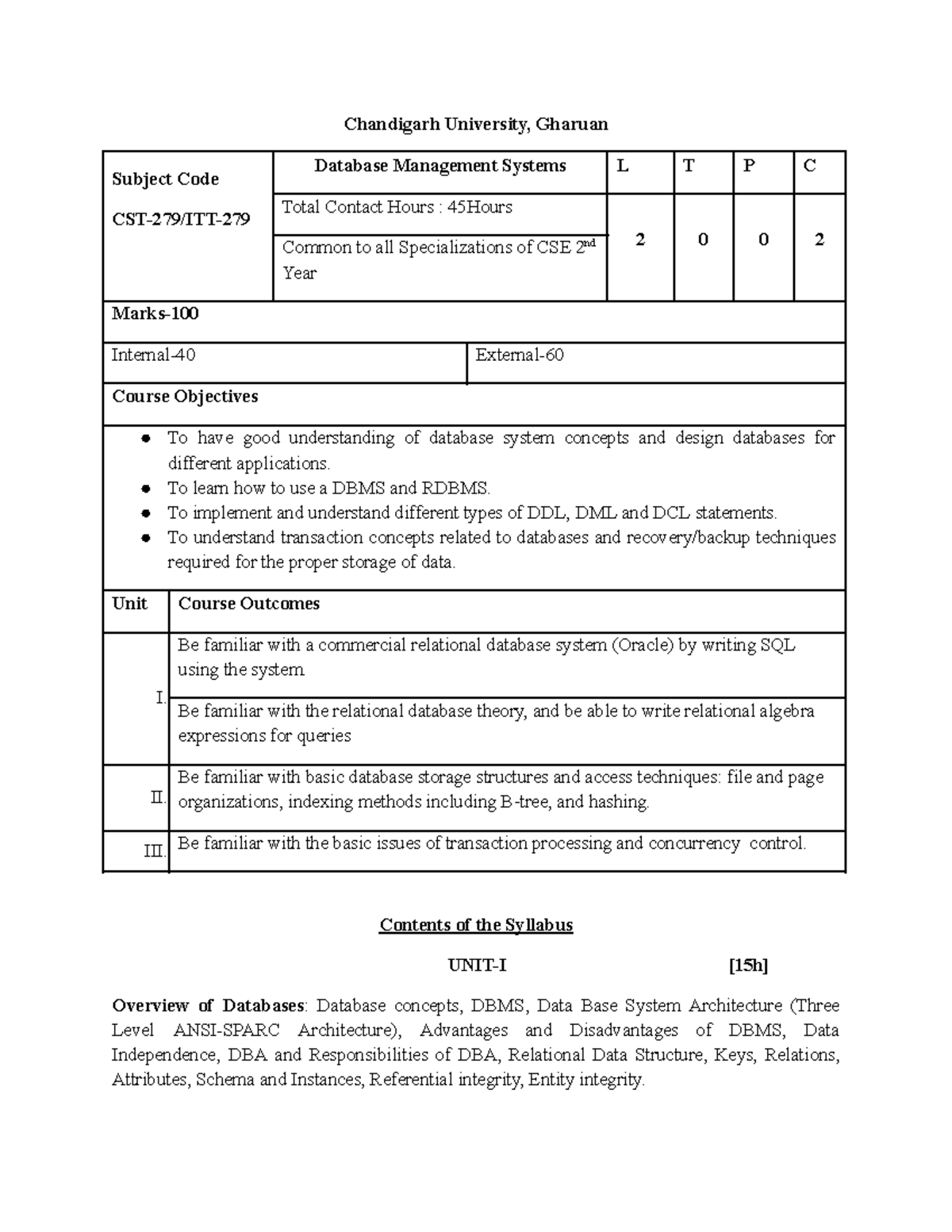 4th semester syllabus - Chandigarh University, Gharuan Subject Code CST-279/ITT- Database ...
