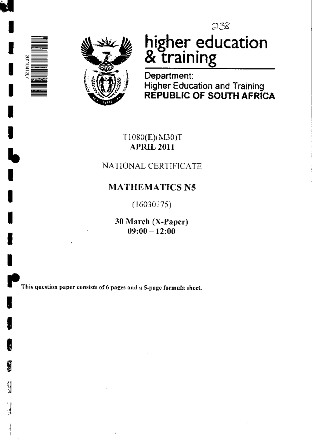 Mathematics N5 X Paper Mar 2011 - Studocu