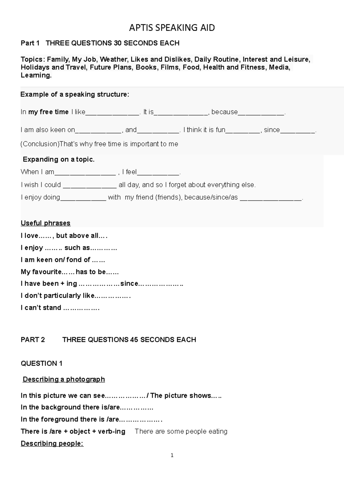 Aptis Speaking AID - APTIS SPEAKING AID Part 1 THREE QUESTIONS 30 ...