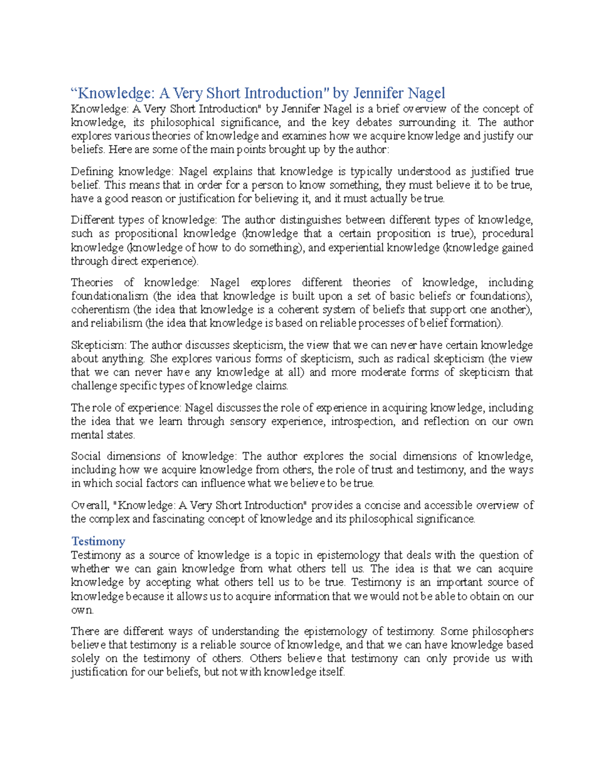 Philo Mid - “Knowledge: A Very Short Introduction" by Jennifer Nagel ...