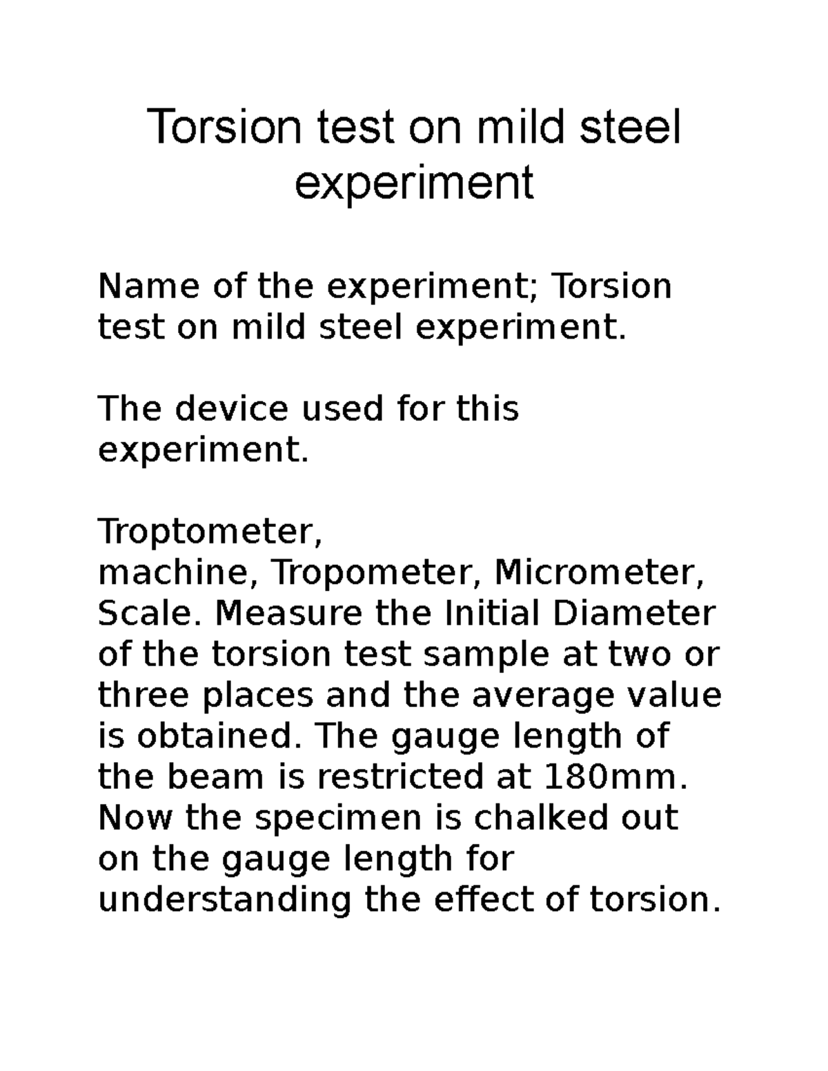 Dr Amro, Experiment report 1 - Torsion test on mild steel experiment ...