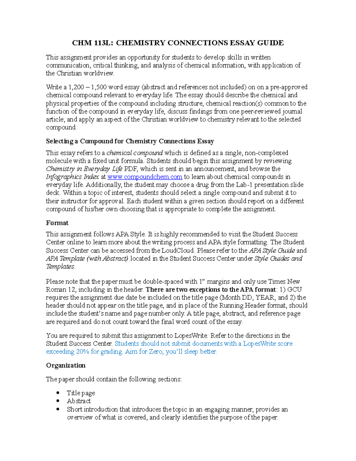 Connections Essay Guide - CHM 113L: CHEMISTRY CONNECTIONS ESSAY GUIDE ...