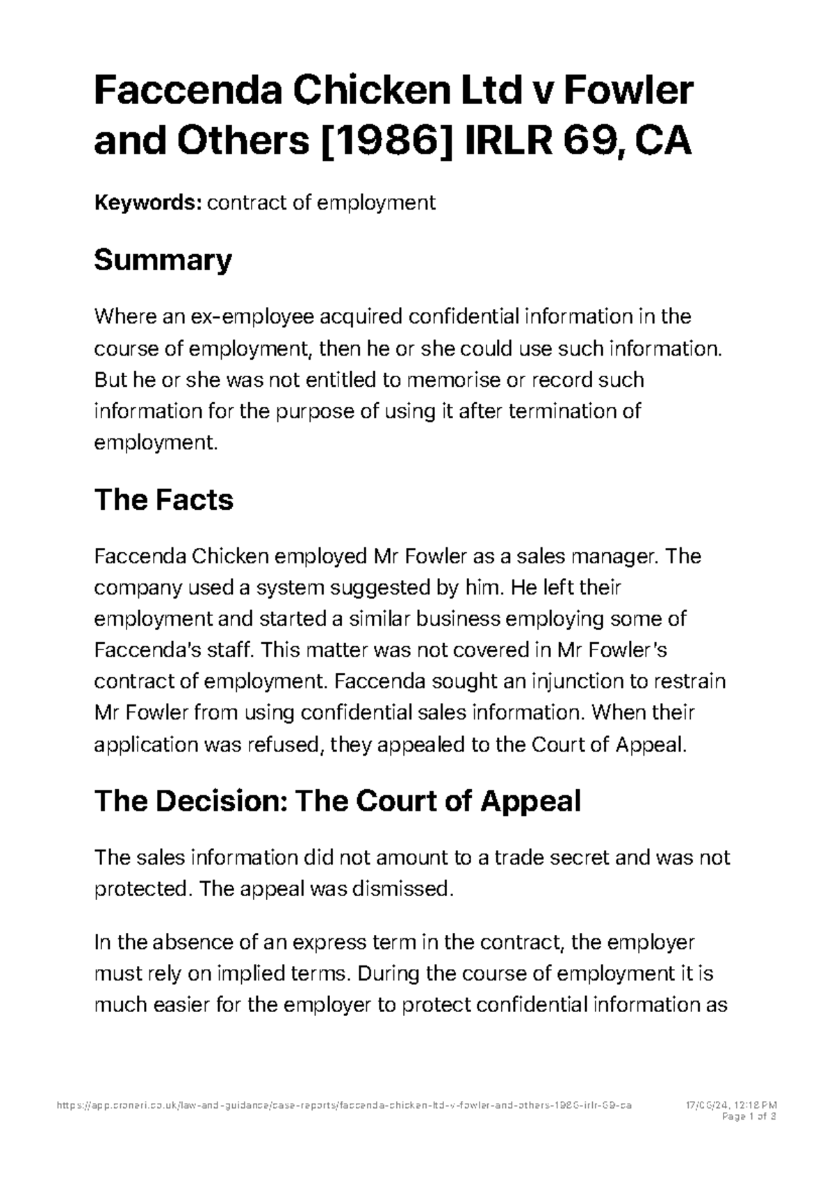 Faccenda Chicken Ltd v Fowler and Others [1986] IRLR 69, CA Croner-i ...