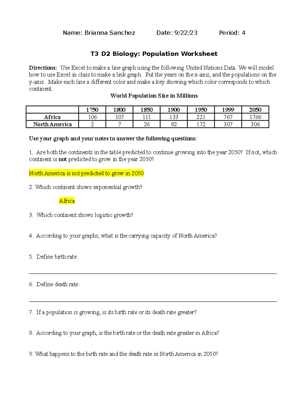 Population Growth UN Data Analysis - Name: Brianna Sanchez Date: 9/22 ...