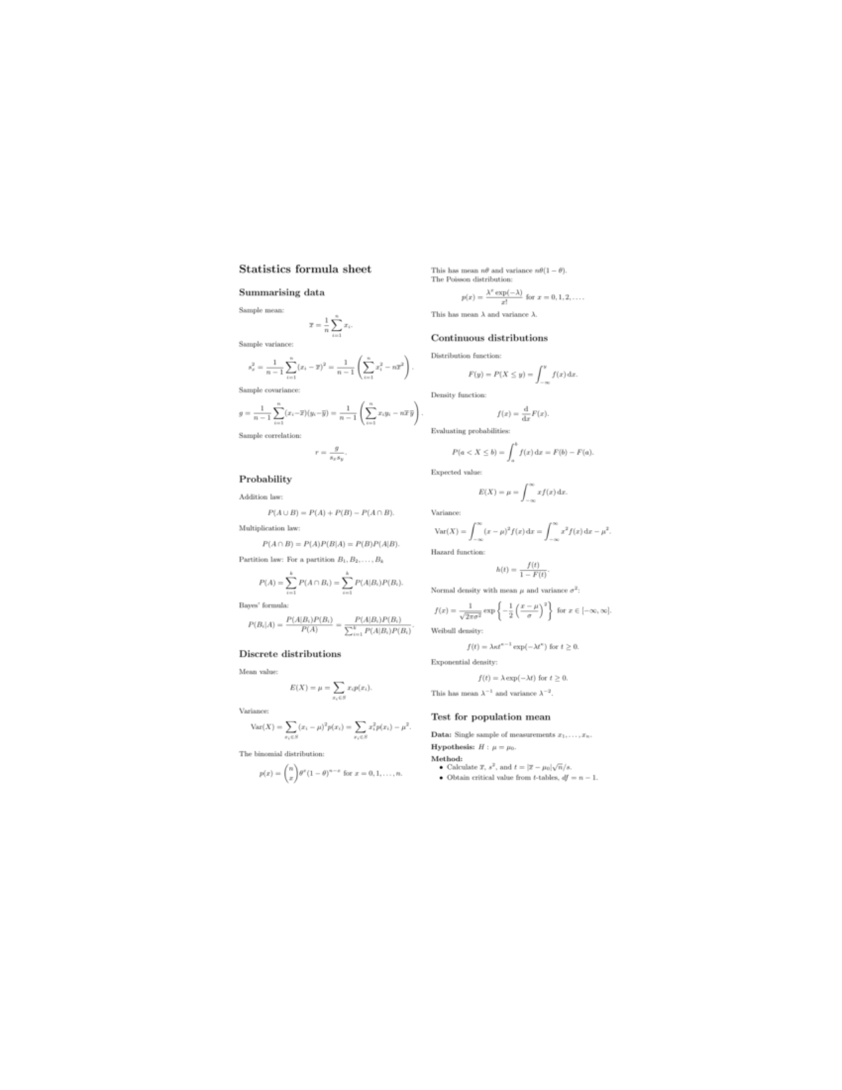 Formulasheet 1 - Formula sheet for Math 0212 - Mathematics 0212 - Studocu