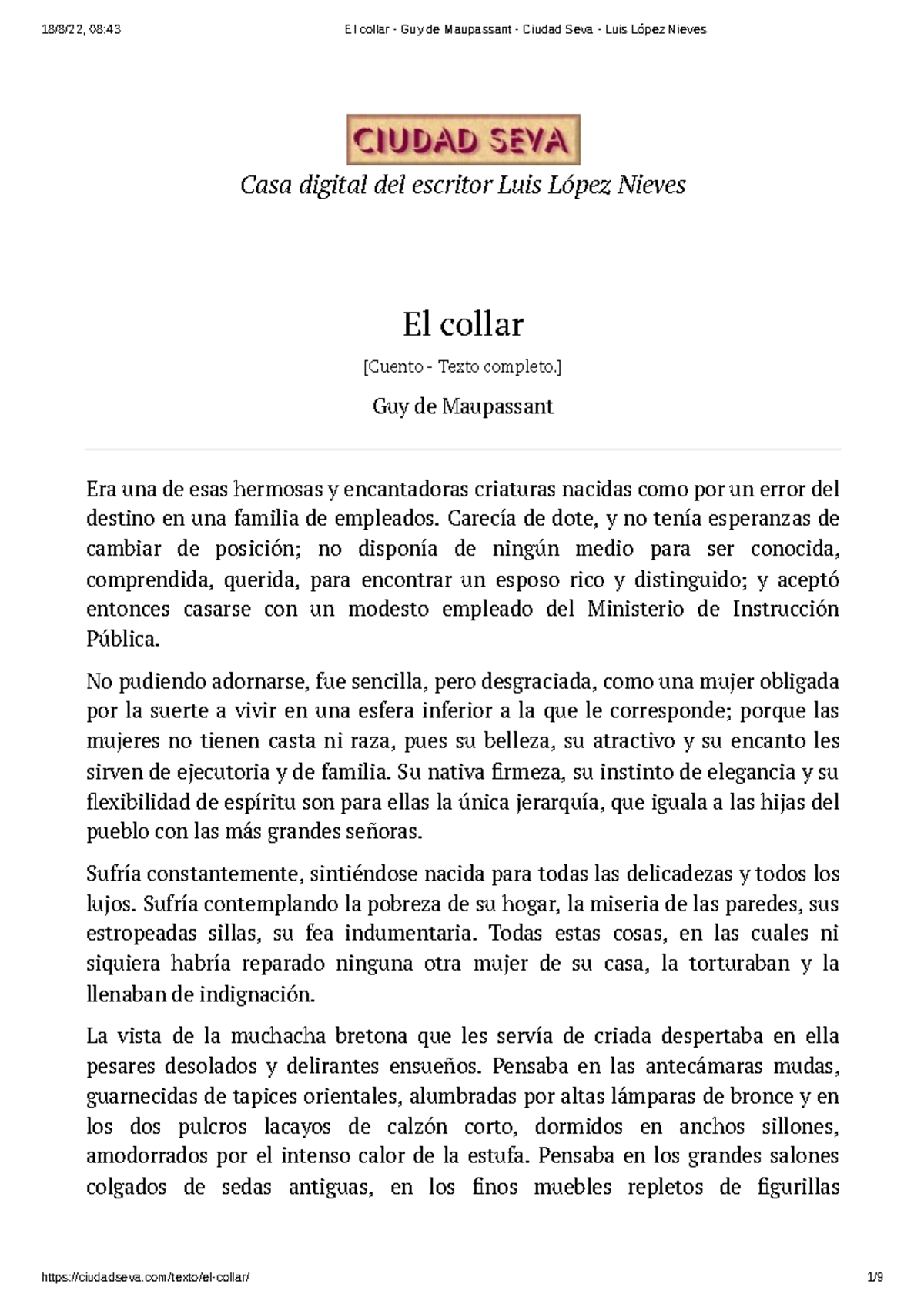 El collar - Guy de Maupassant - Ciudad Seva - Luis López Nieves - Casa ...