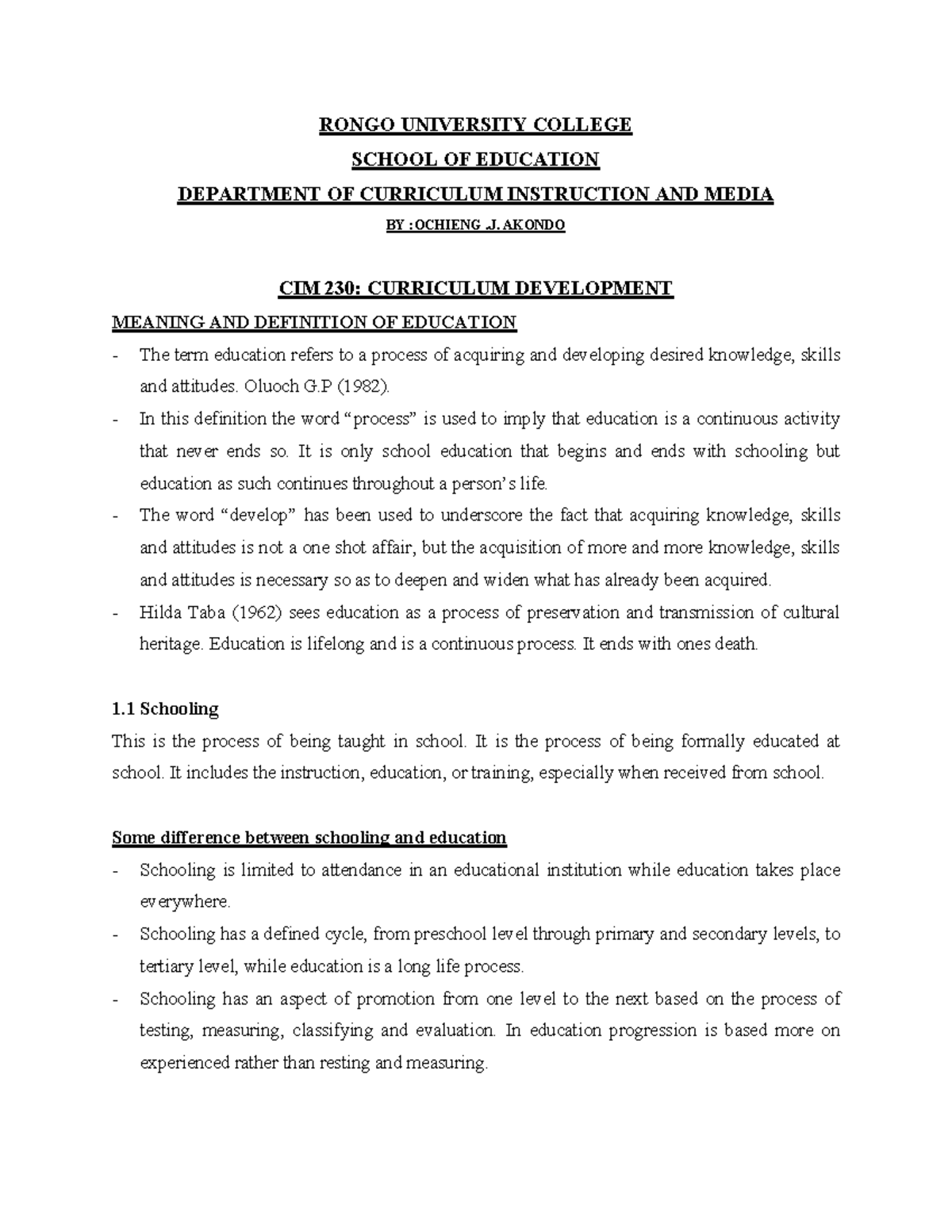 CIM 230 ^2.1~ Curriculum Development 1 (Repaired) - RONGO UNIVERSITY ...