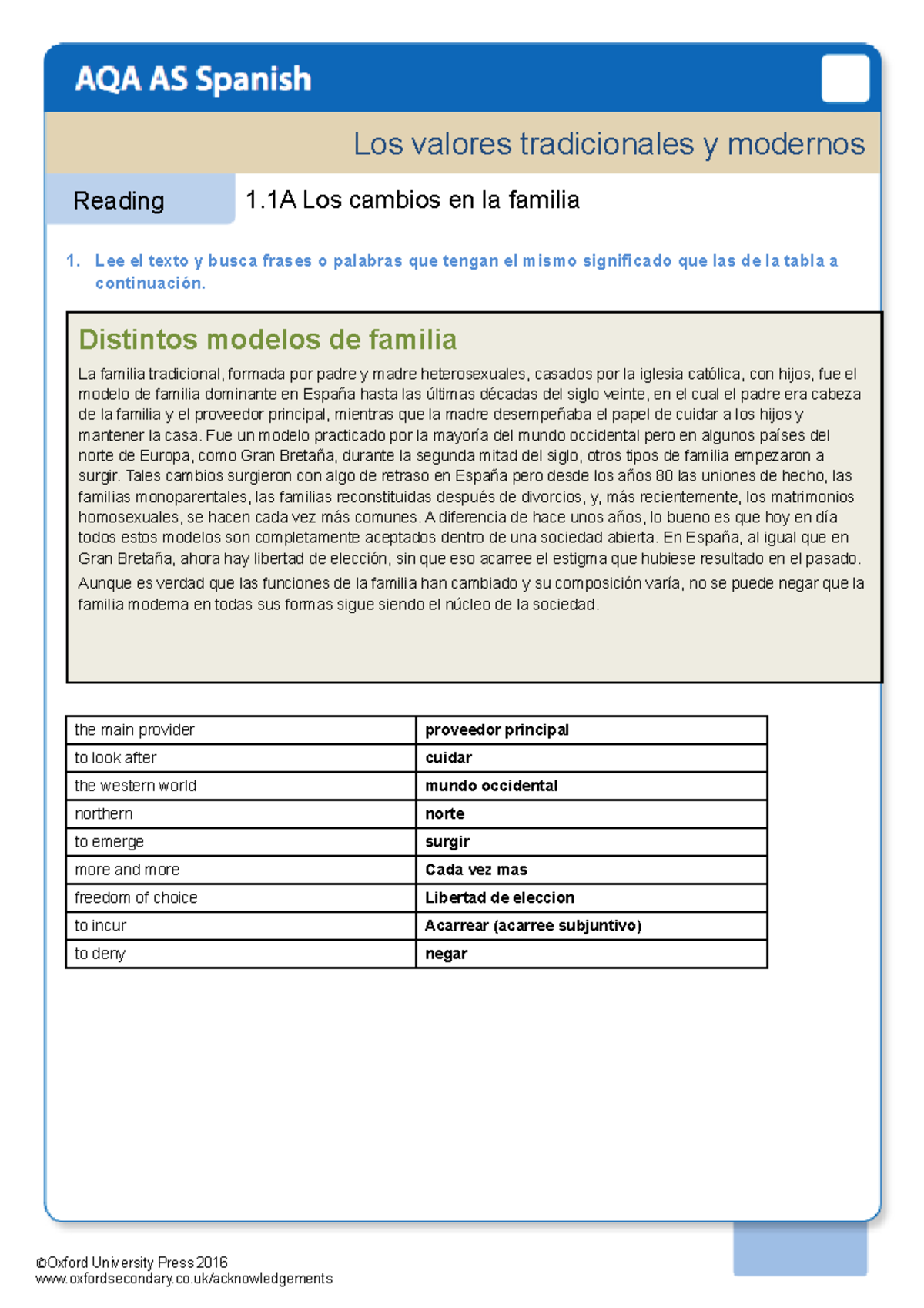 1.1A Los cambios en la familia reading and writing - Unit Page 1 of 3 1 ...