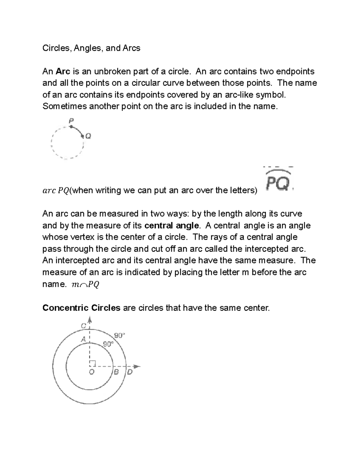 Circles, Angles, and Arcs Notes - Circles, Angles, and Arcs An Arc is ...