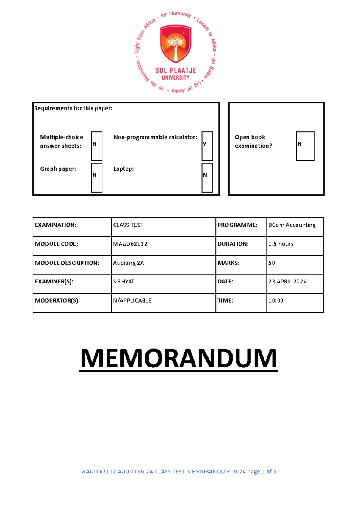 Auditing class test memo - MEMORANDUM Requirements for this paper ...