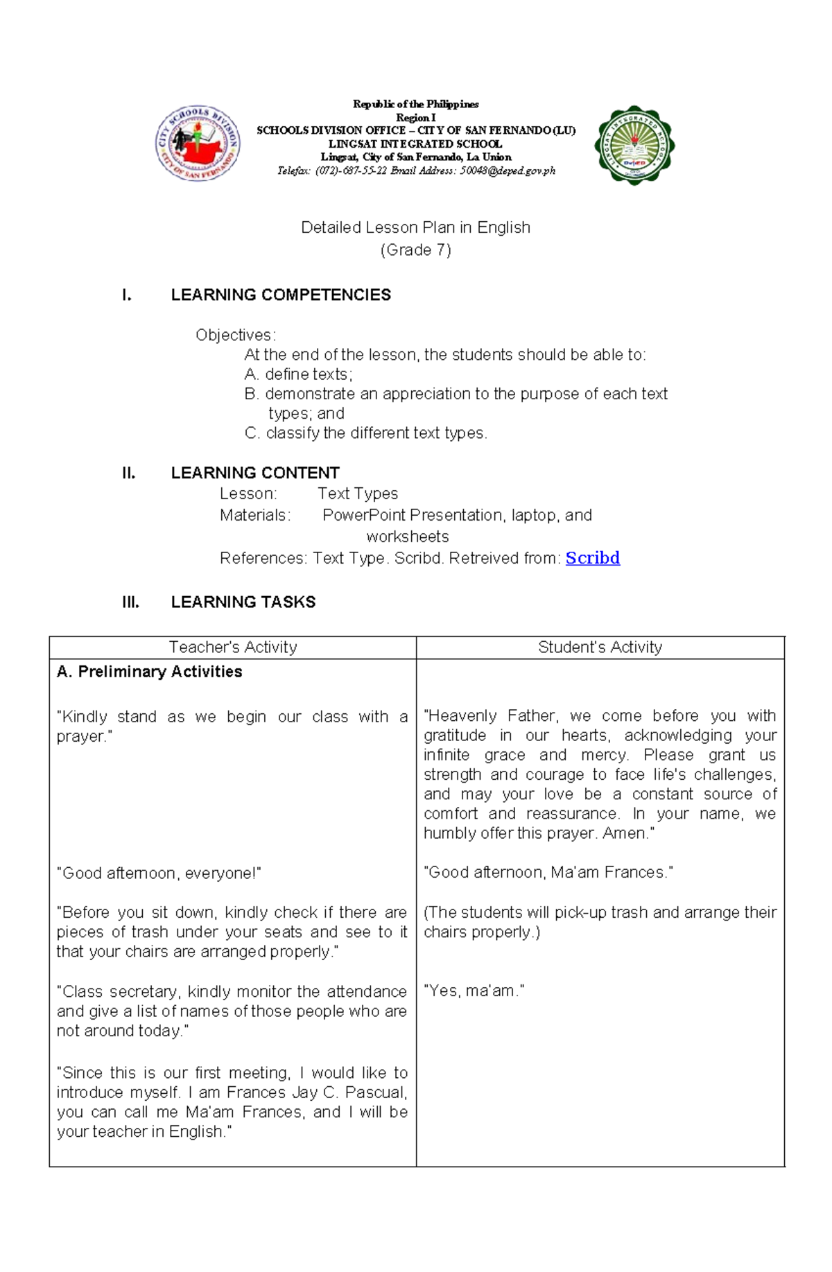 TEXT Types - Detailed Lesson Plan - Republic of the Philippines Region ...
