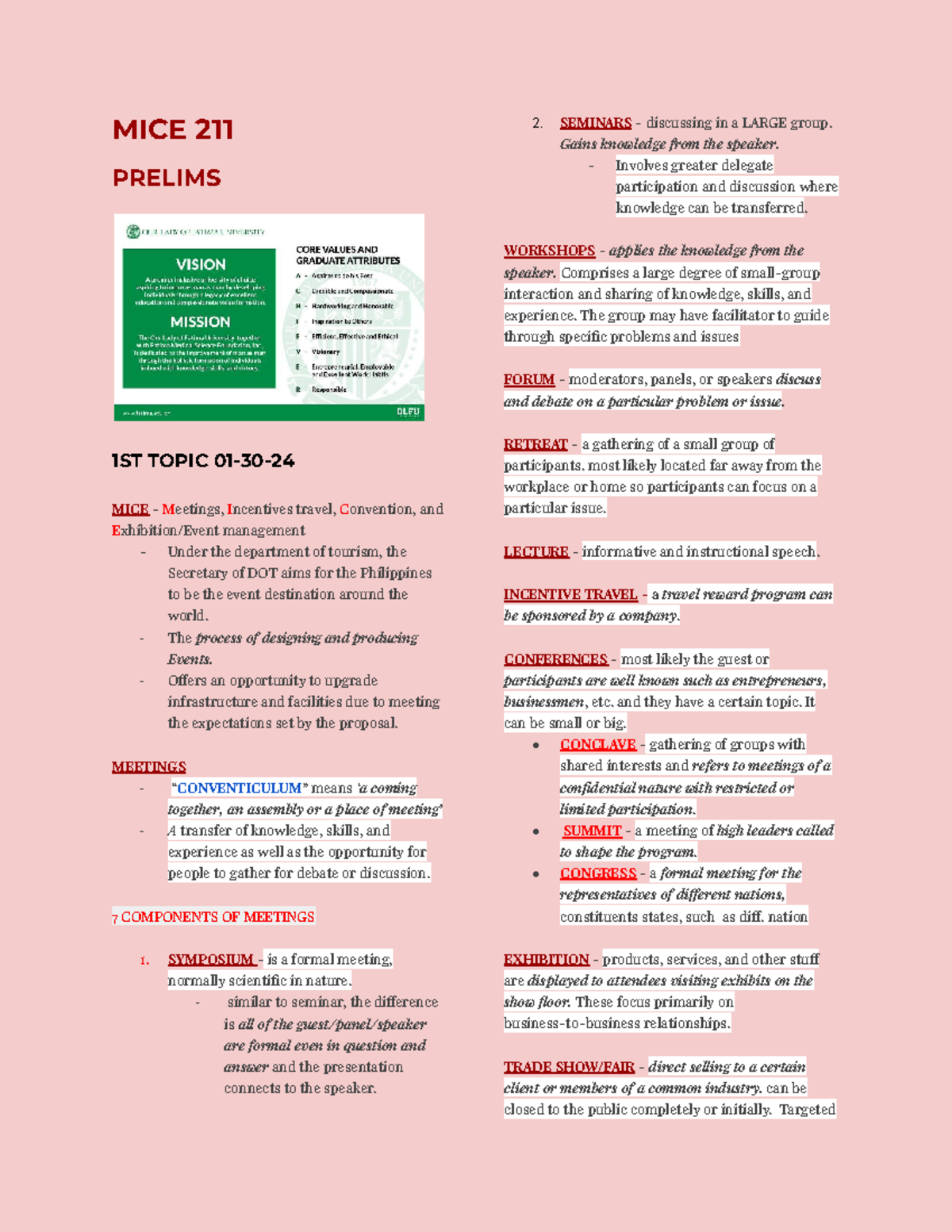 MICE 211 Prelims 1 - MICE 211 PRELIMS 1ST TOPIC 01-30- MICE - Meetings, Incentives travel, - Studocu
