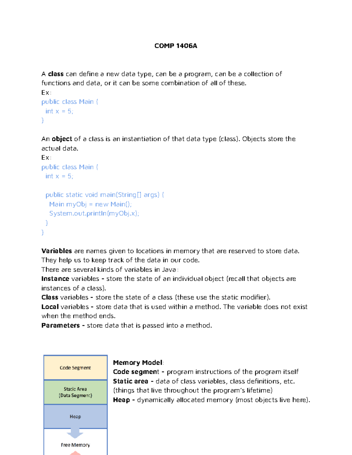 COMP 1406A - Midterm Study Sheet - COMP 1406A A class can define a new data type, can be a ...