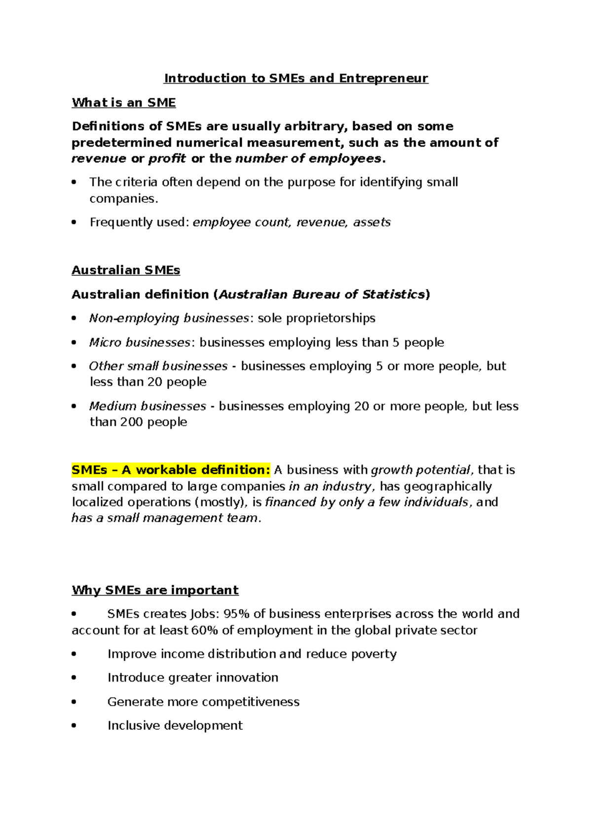 SME Test Notes - Introduction to SMEs and Entrepreneur What is an SME ...