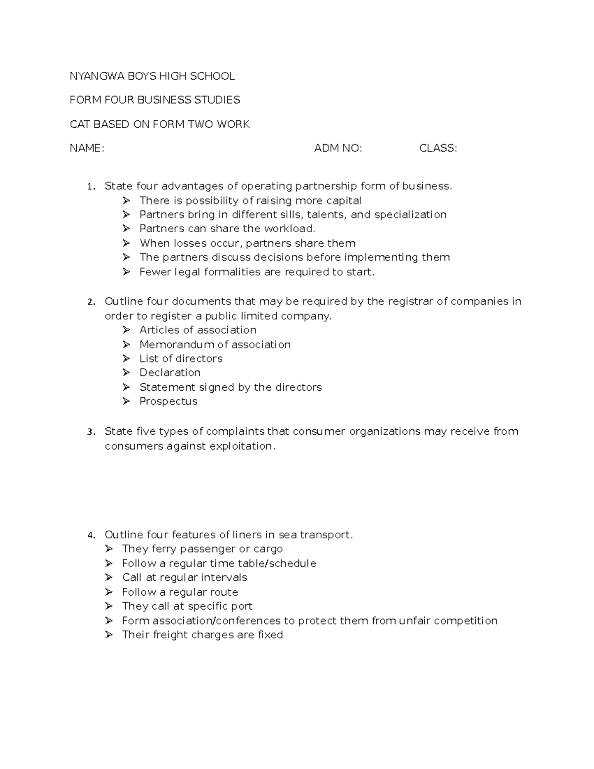 Business FORM 4 CAT 2 - NYANGWA BOYS HIGH SCHOOL FORM FOUR BUSINESS ...