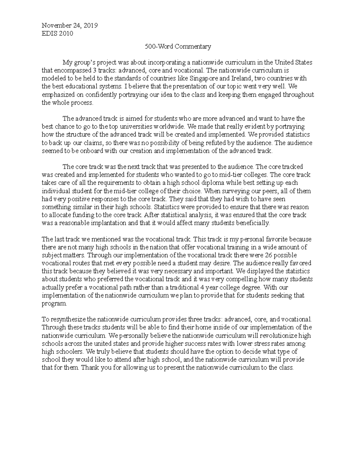 500word Commentary - Grade: A+ - November 24, 2019 EDIS 2010 500-Word ...
