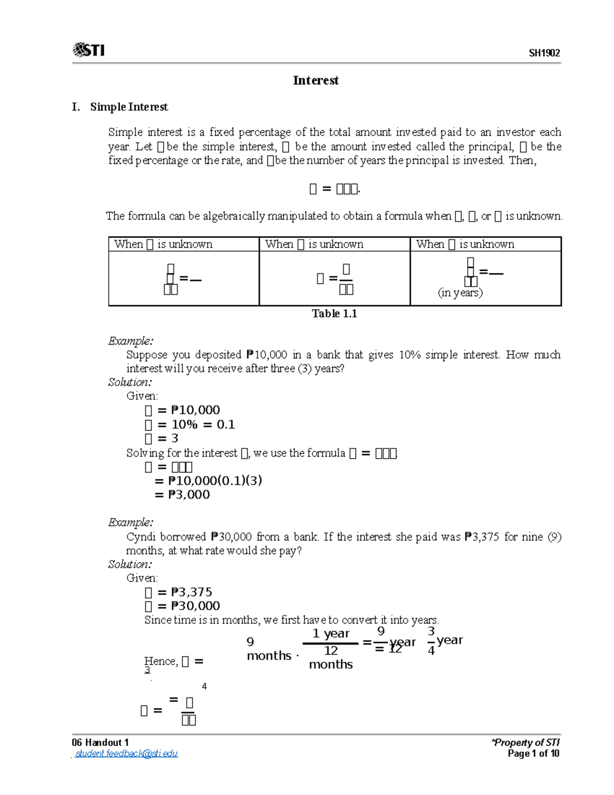 06 Handout 1 - I. Simple Interest Interest Simple interest is a fixed ...