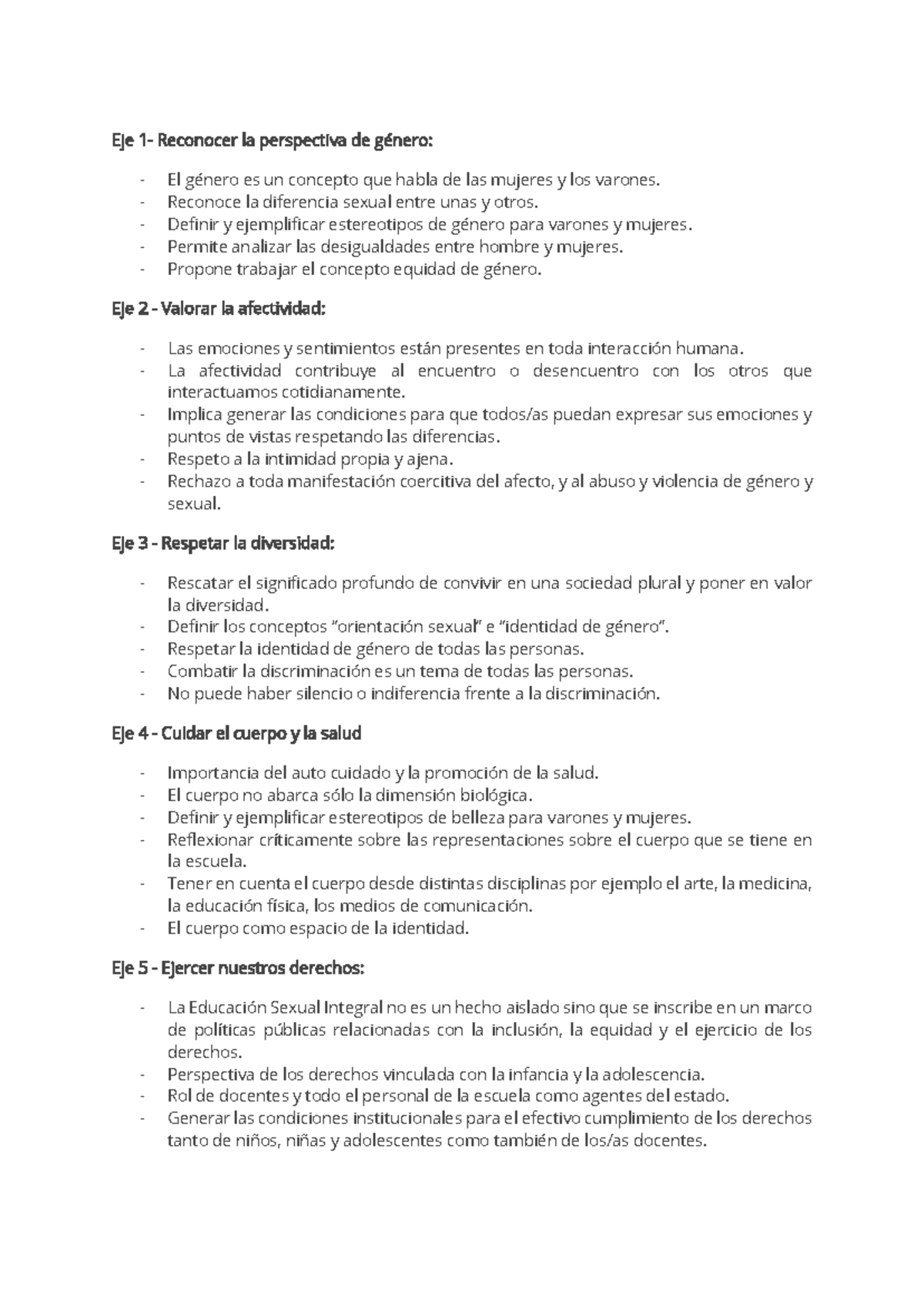 EJES Y Contenidos DE LA ESI - Eje 1- Reconocer la perspectiva de género ...