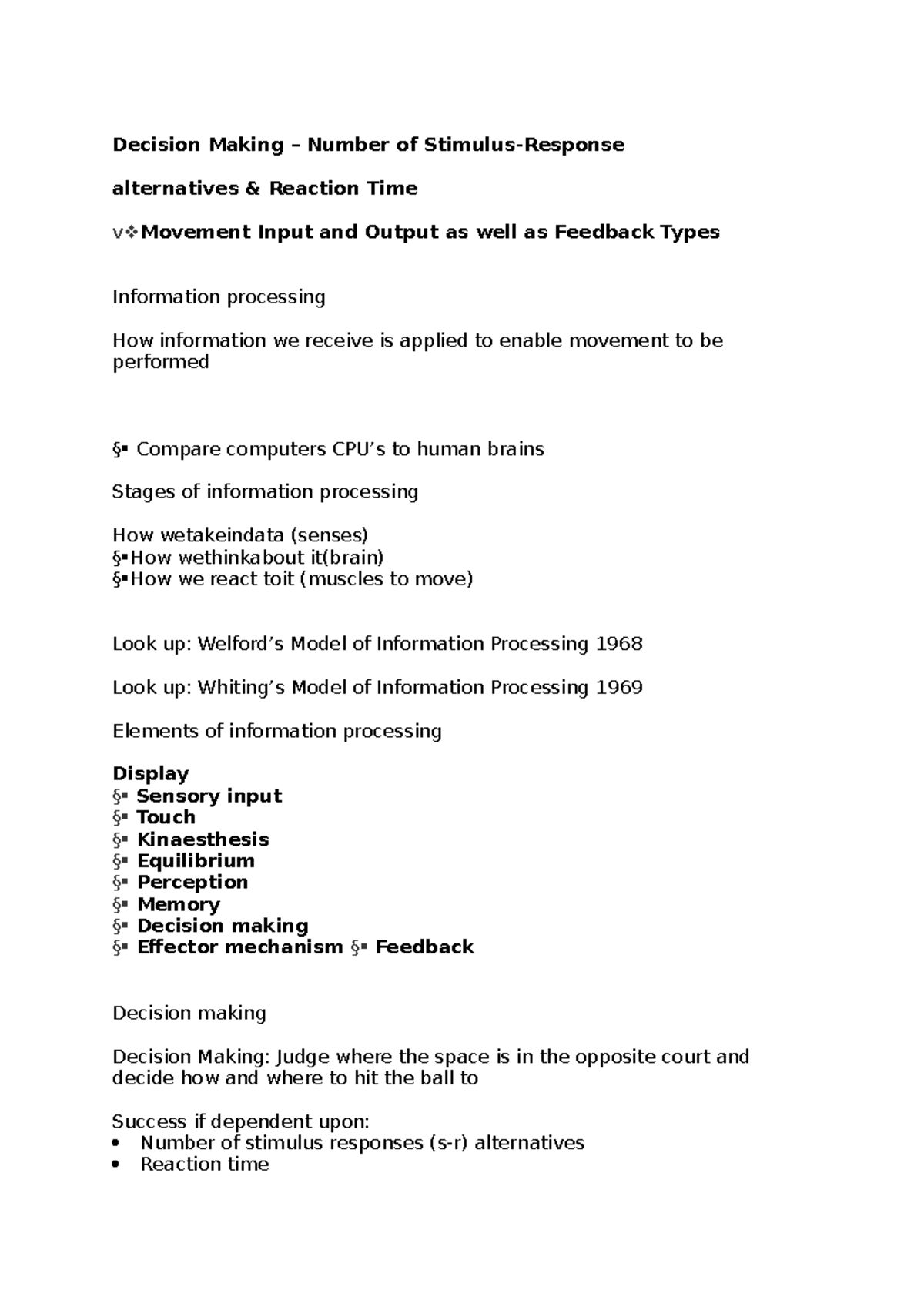 Information Processing - Decision Making - Memory - Feedback Types ...