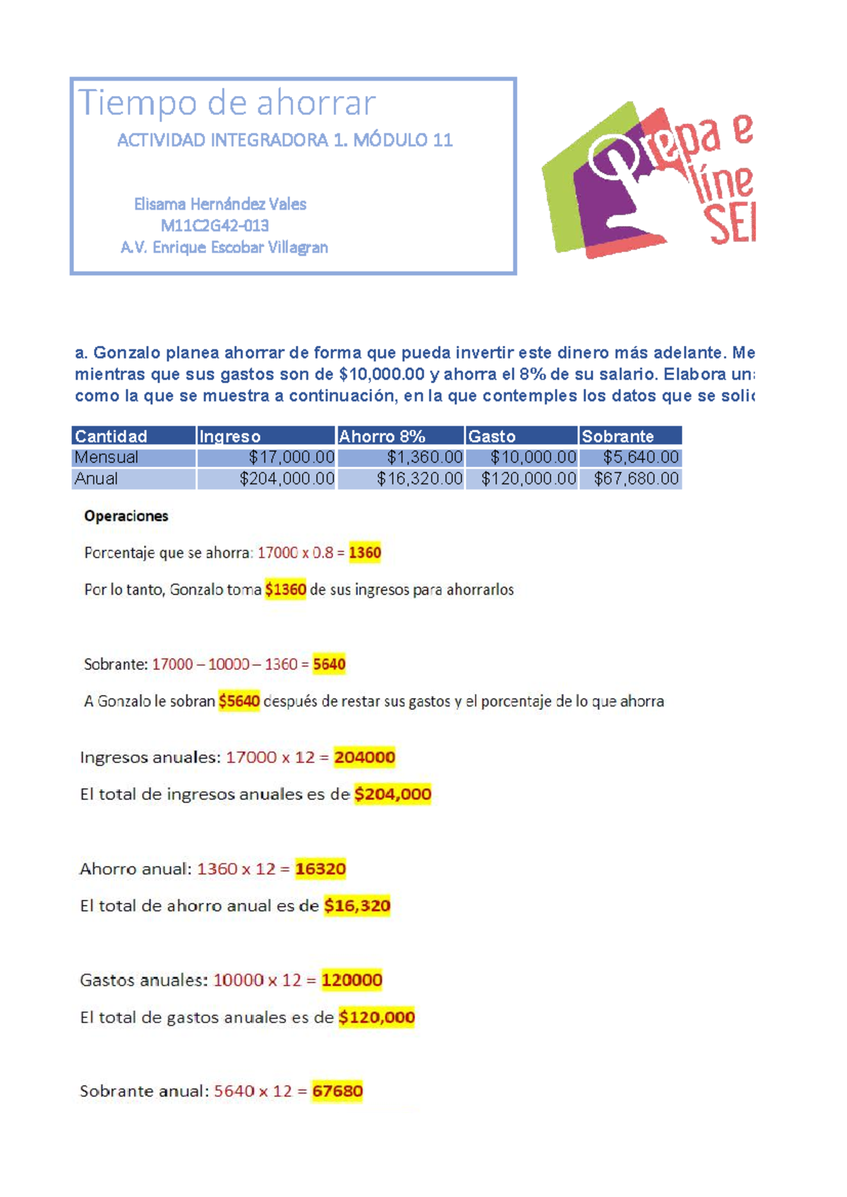 Actividad Integradora 1, Módulo 11 - Tiempo de ahorrar ACTIVIDAD INTEGRADORA 1. MÓDULO 11 ...