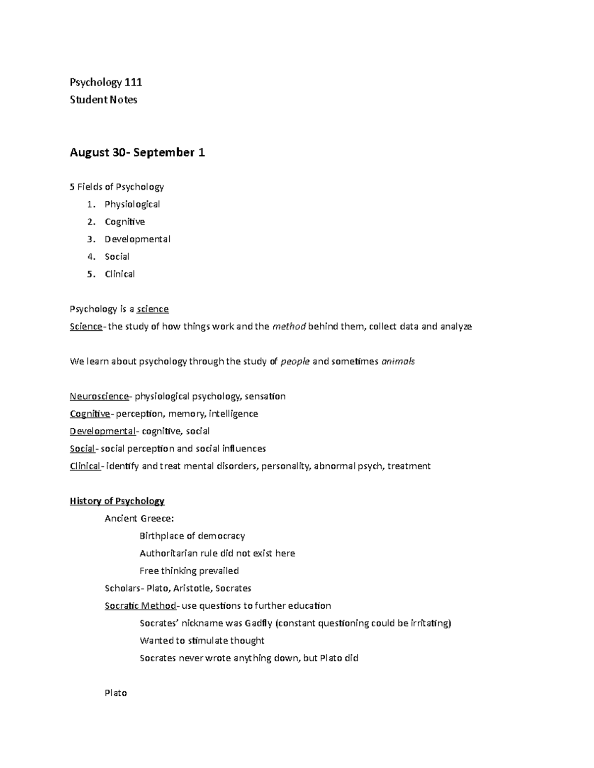 Psych 111 notes - Psychology 111 Student Notes August 30- September 1 5 ...