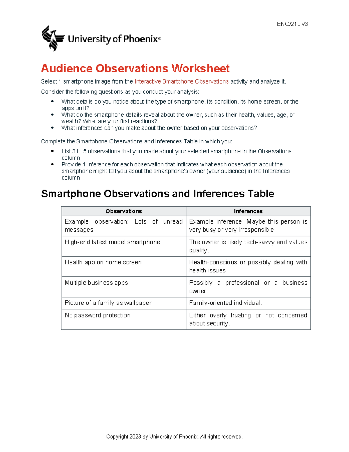 Week 1 Summative Assessment Audience Observations Worksheet - ENG/210 v ...