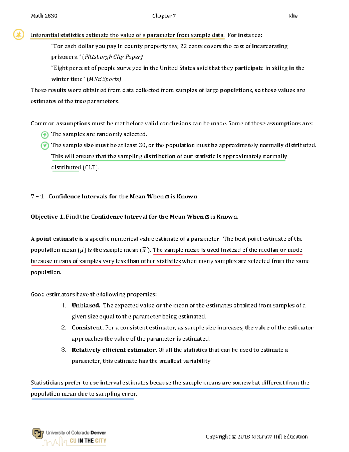 Chapter 7 - Professor Daniel Klie - Inferential statistics estimate the ...