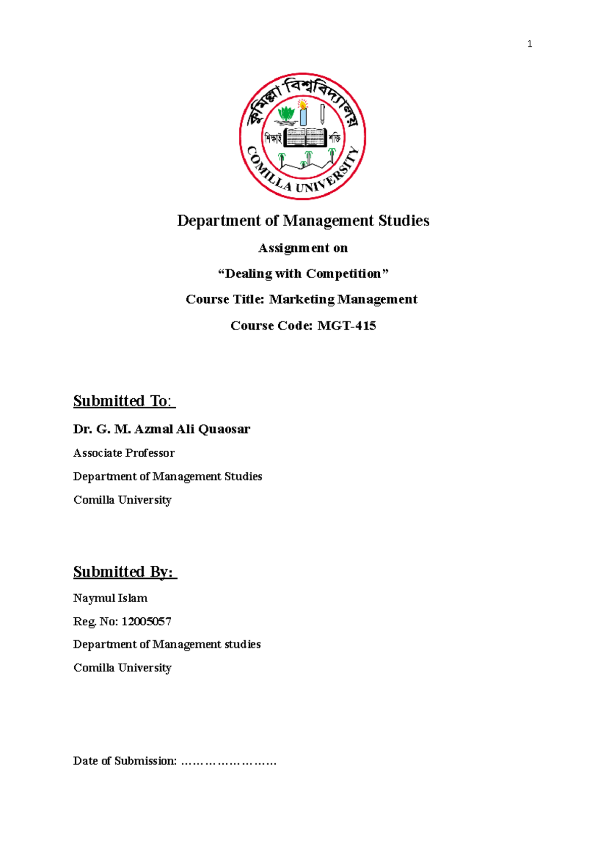 Marketing Management Assignment - Department of Management Studies ...