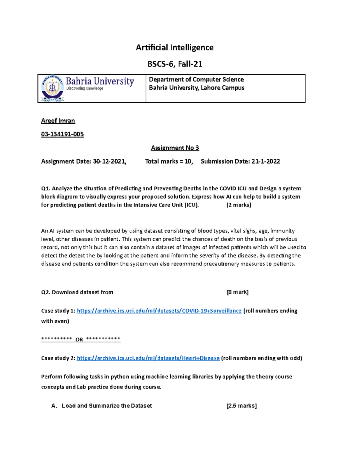03-134191-005 AI Assignment 3 - Artificial Intelligence BSCS-6, Fall ...