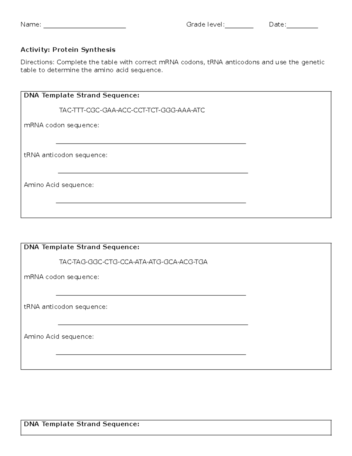 DNA Coding - Codes on DNA - Name: __________________________ Grade ...