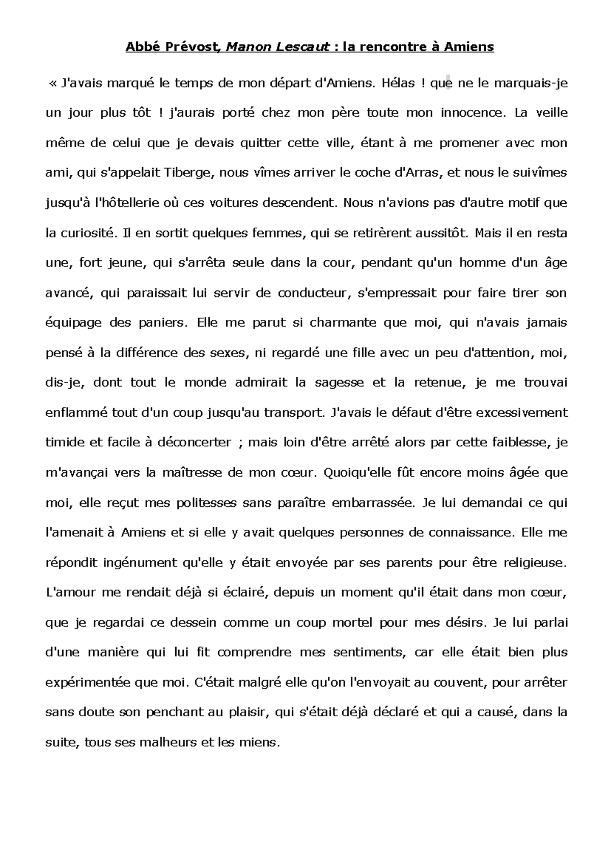 Manon Lescaut - la rencontre - texte + analyse - Abbé Prévost, Manon ...