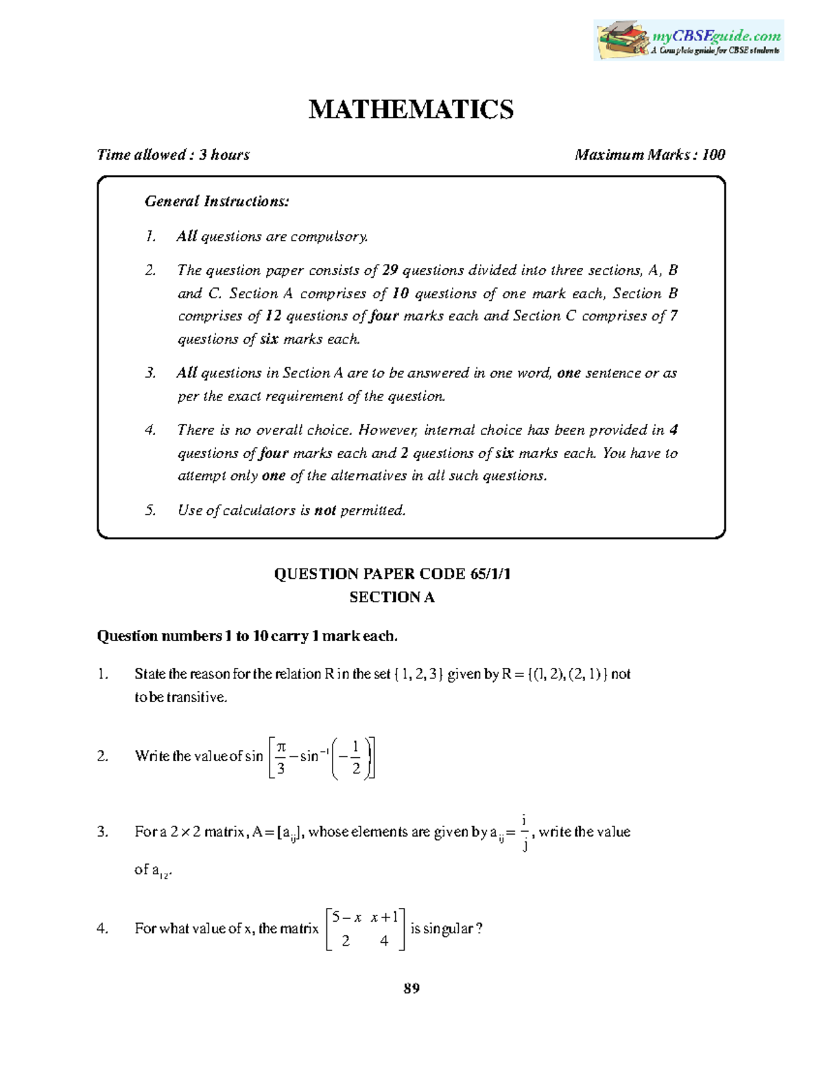 Exam 2011, questions - MATHEMATICS Time allowed : 3 hours Maximum Marks ...