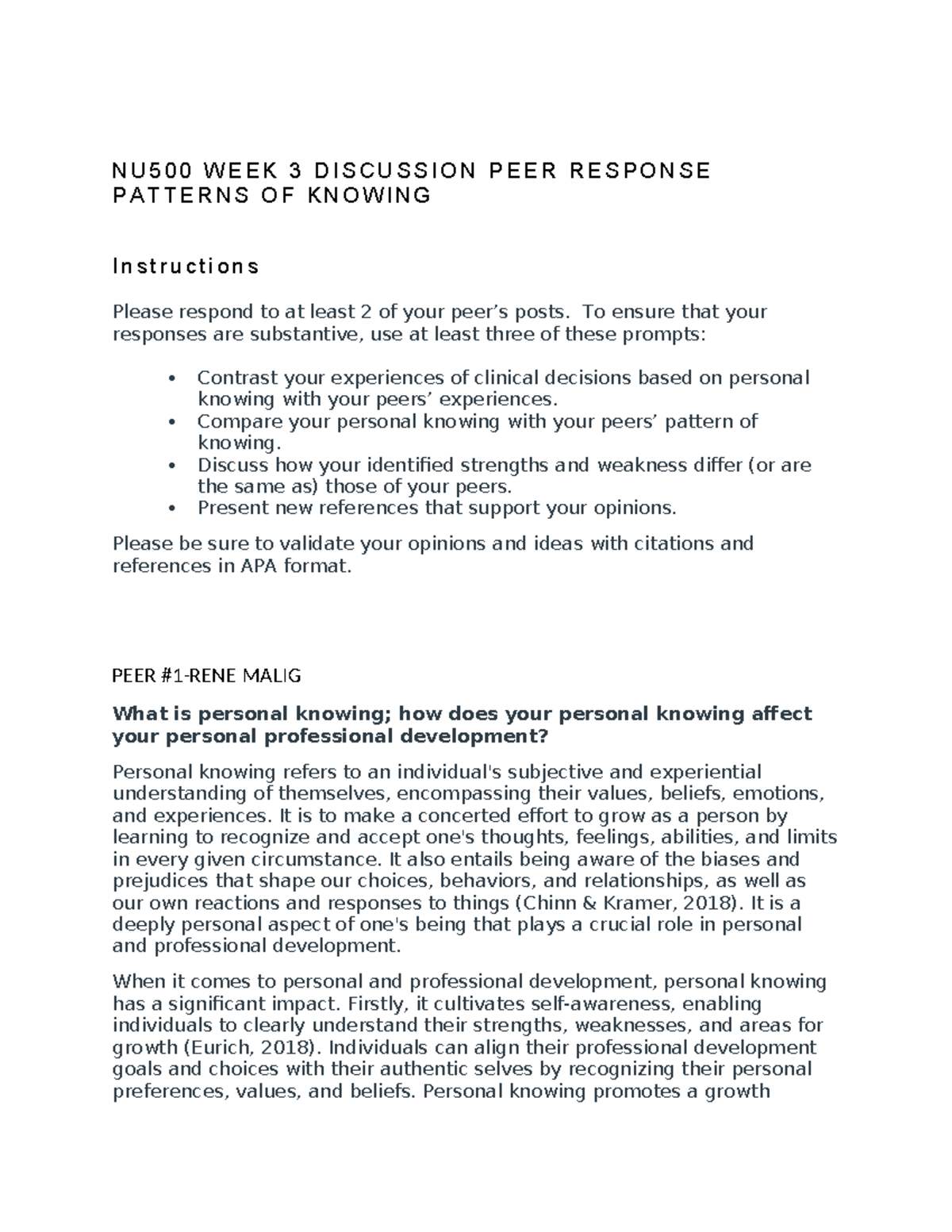NU500 WEEK 3 Discussion PEER Response Patterns OF Knowing - N U 5 0 0 W ...