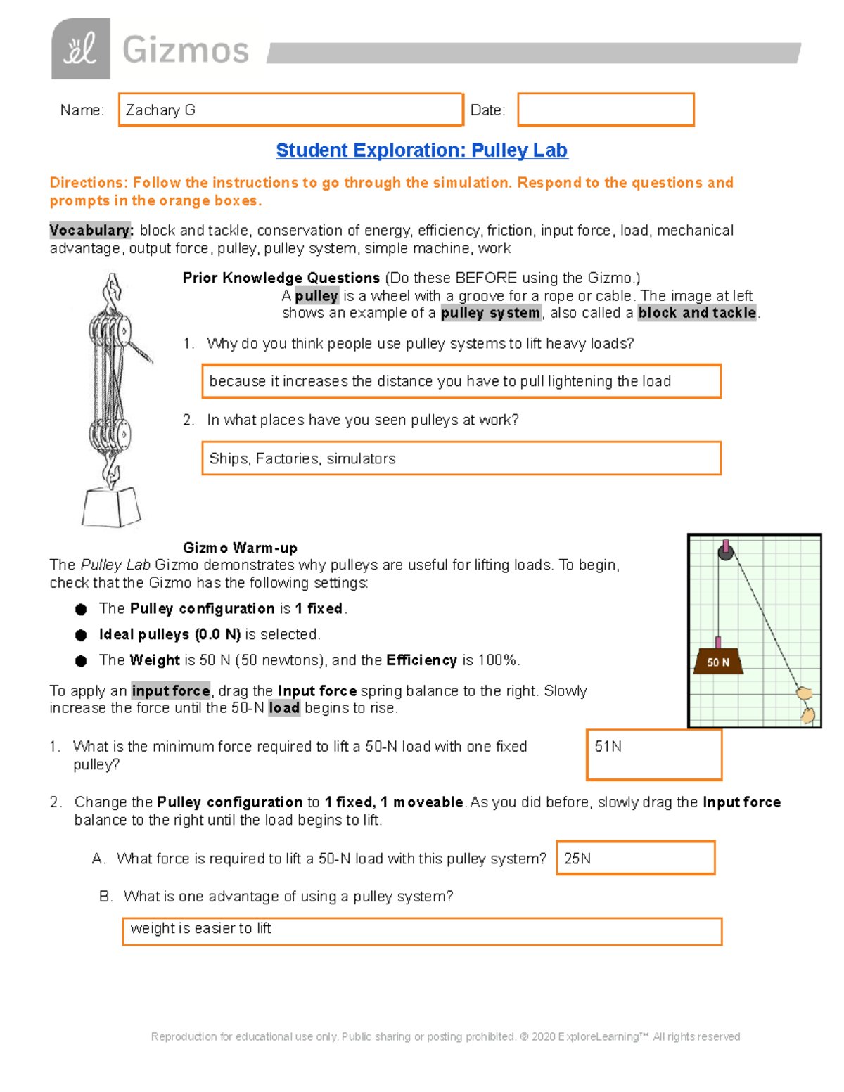 Pulley Lab - null - Name: Zachary G Date: Student Exploration: Pulley ...