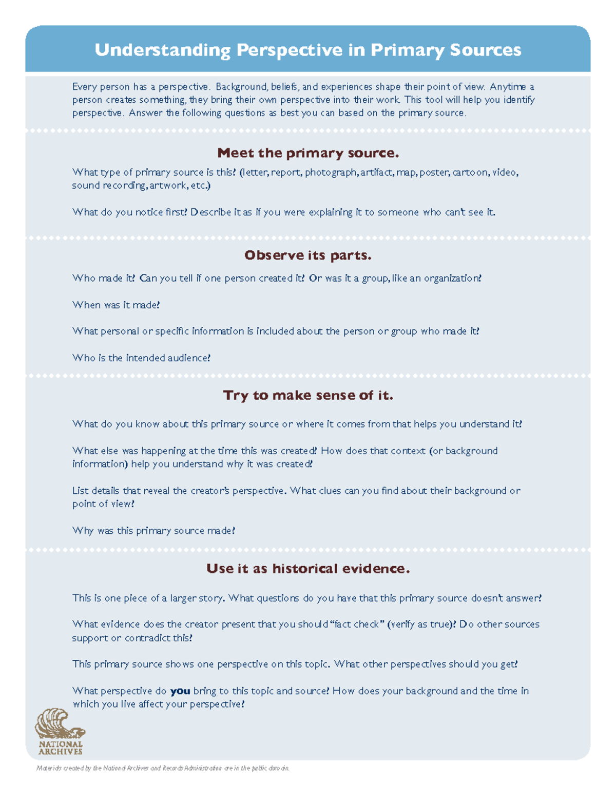Understanding perspective in primary sources - Materials created by the ...