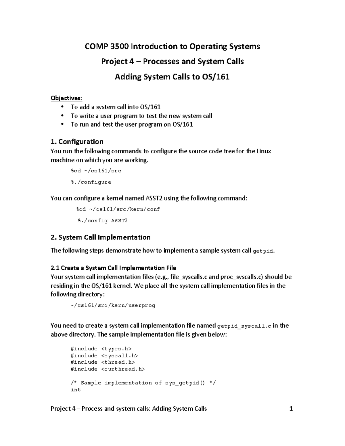 Project 4 Adding System Calls - COMP 3500 Introduction to Operating Systems Project 4 ...