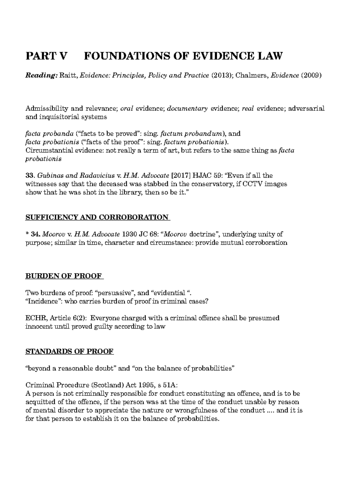 Overview Part 5 - PART V FOUNDATIONS OF EVIDENCE LAW Reading: Raitt ...