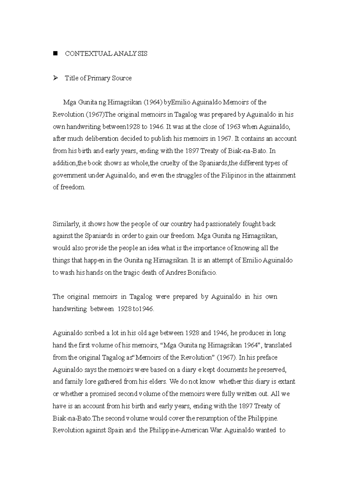 Contextual- Analysis - CONTEXTUAL ANALYSIS Title of Primary Source Mga Gunita ng Himagsikan ...