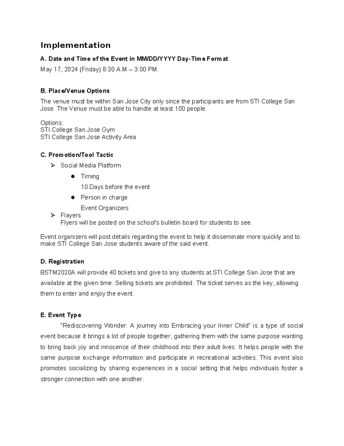 Implementation - Event Planning - Implementation A. Date and Time of ...