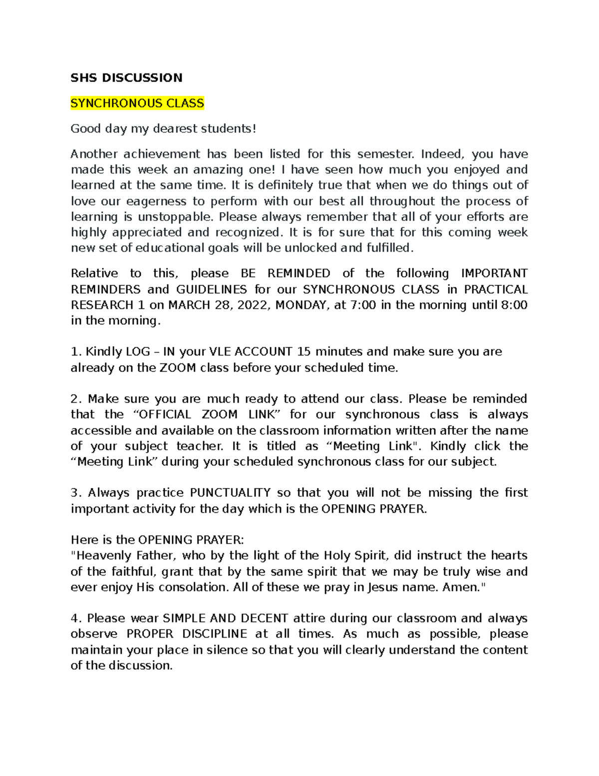 WEEL 8 SHS Discussion - Lecture notes 5 - SHS DISCUSSION SYNCHRONOUS ...
