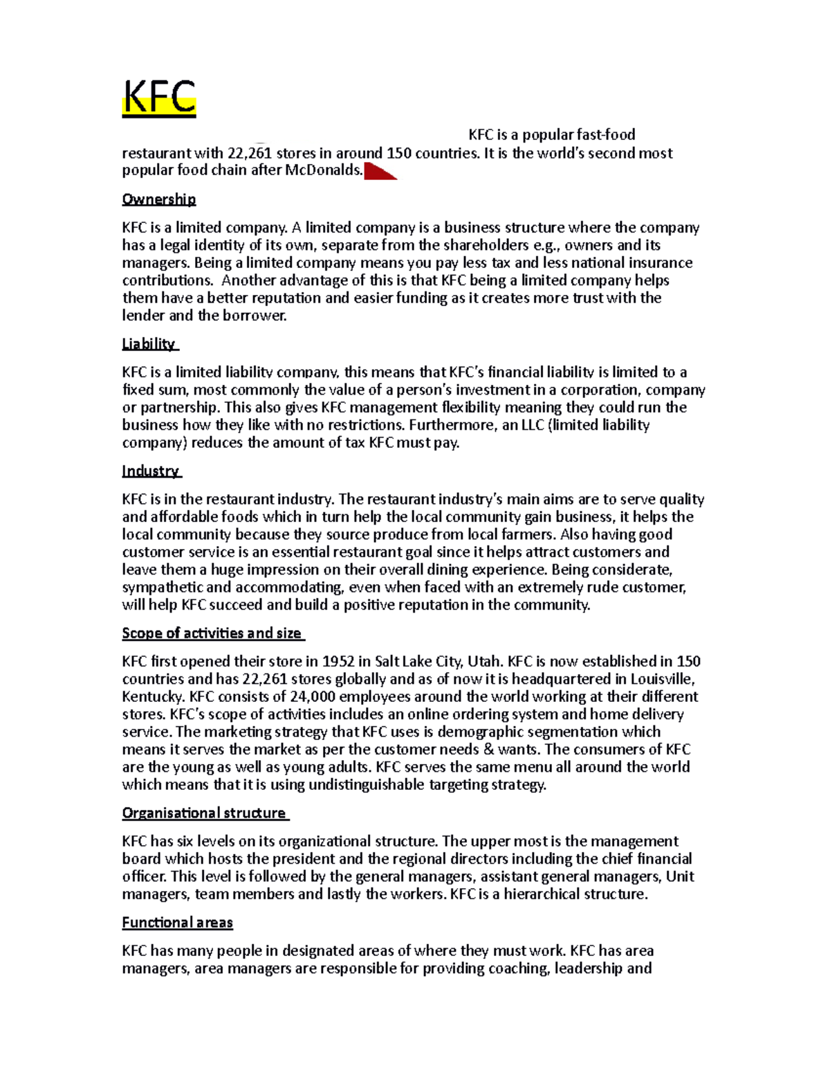 Business coursewok(1) - KFC KFC is a popular fast-food restaurant with ...